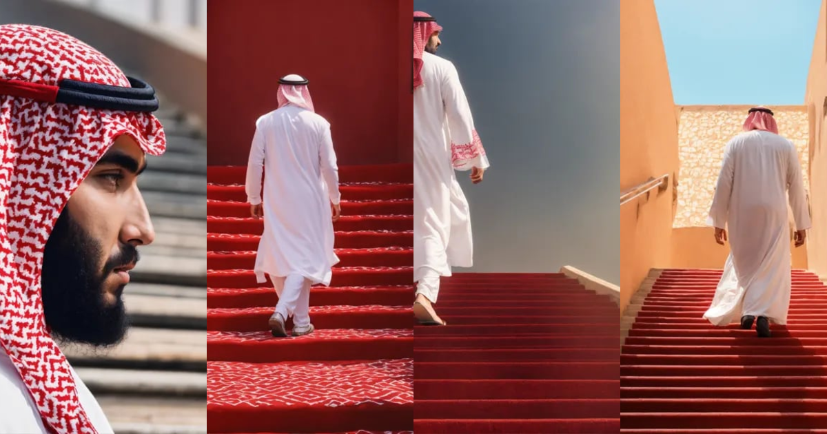 Lexica - Saudi man climbing up steps, looking right, side way, moving ...