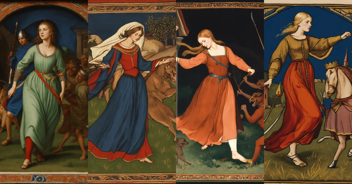 Lexica - Medieval woman lifting her skirt to chase away demons