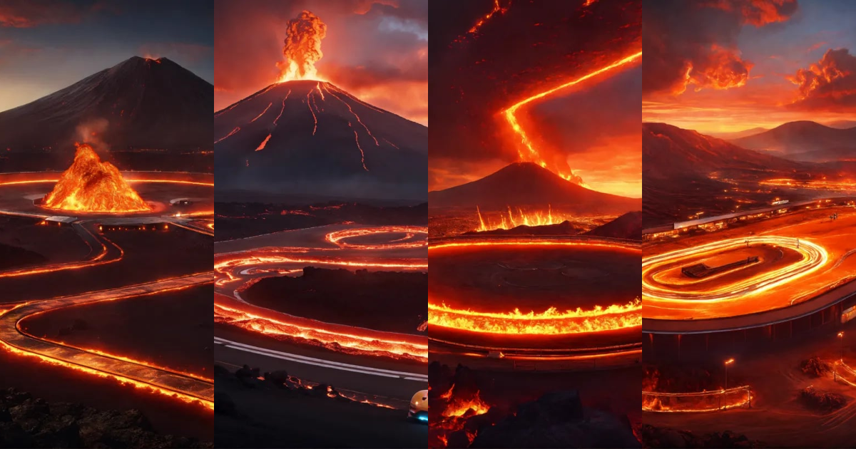 Lexica - A high speed oval racetrack amidst a volcanic scene, alive ...