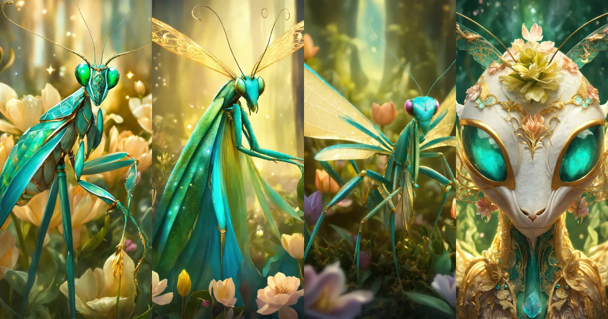 Lexica - Light, cosmic teal eyed white graceful praying mantis insect ...