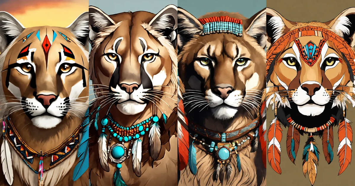 Lexica - A male mountain lion in native american style with feathers ...