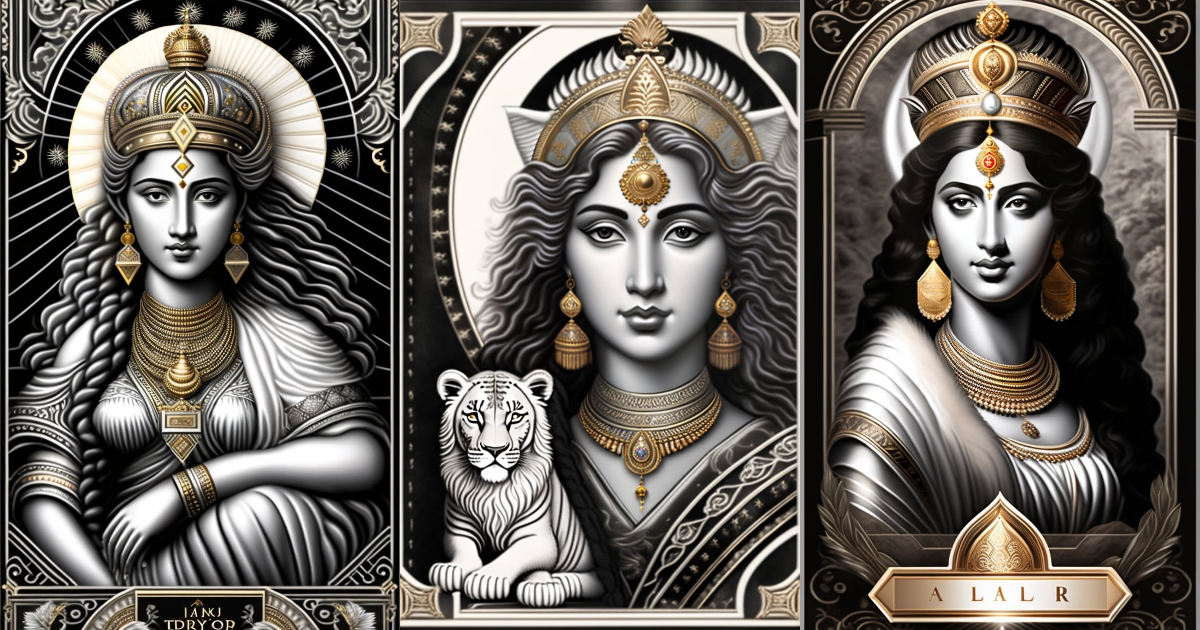 Lexica - Black and white tarot cards, beautiful maa durga with lion