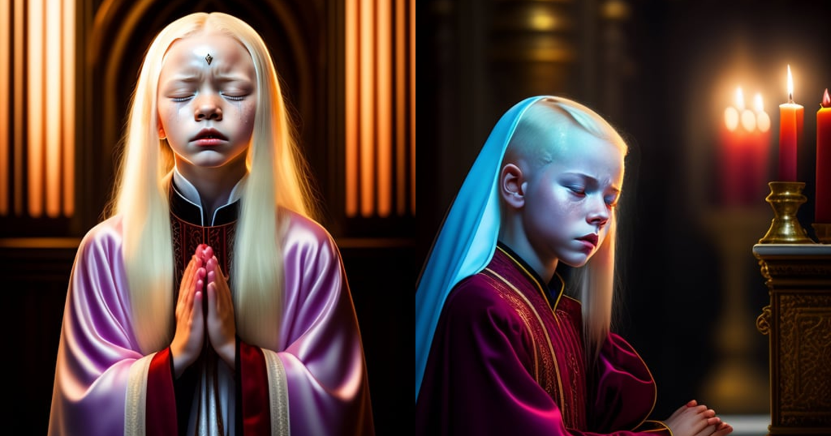 Lexica - 12 years old crying albino vampire female in a temple sitting ...