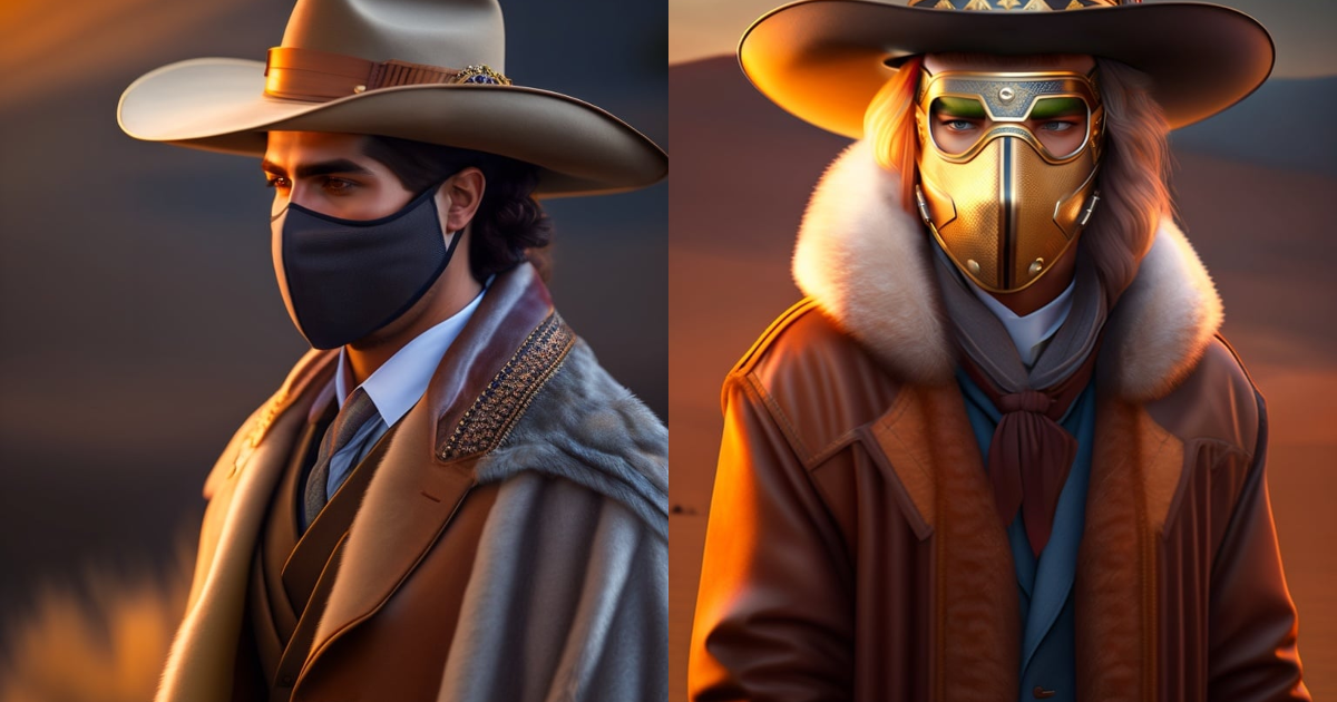 Lexica - Time Traveler wearing nomad robe and cowboy hat and wearing mask