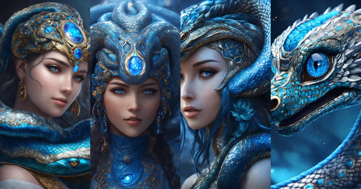 Lexica - A cute serpent in blue and silver, dazzling eyes. third eye on ...