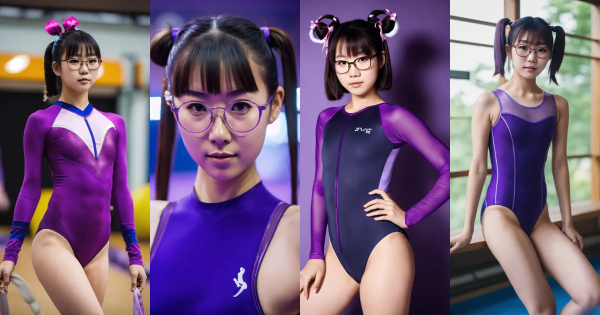 Lexica - Slim japanese Girl with twin tails and glasses in purple gymnastics leotard