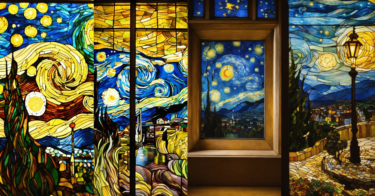 Lexica - Stained glass window, van gogh starry night