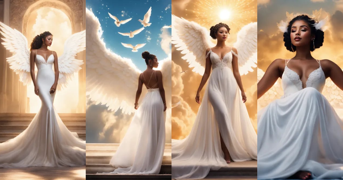 Lexica - Realistic A beautiful woman angel in all white flowy gown big ...