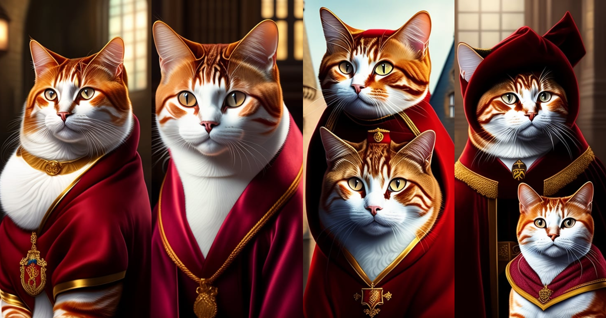 Lexica - Sailor Ginger cat with gryffindor robe and the cat is in hogwarts