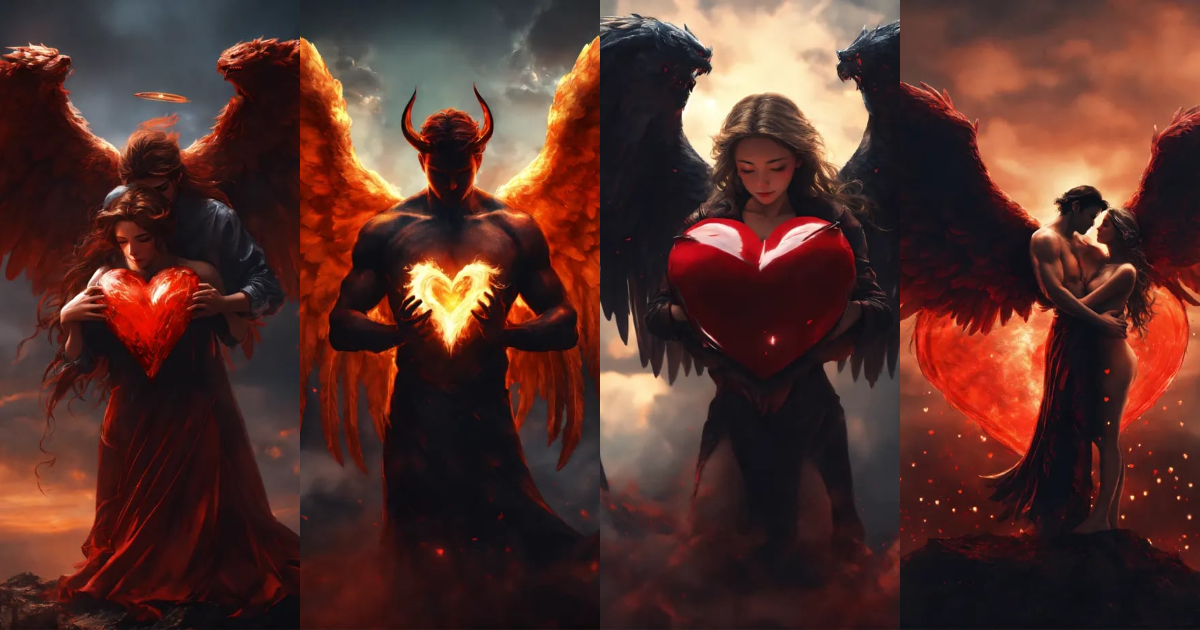 Lexica - An angel flying hugging a demon flying, forming a heart shape ...