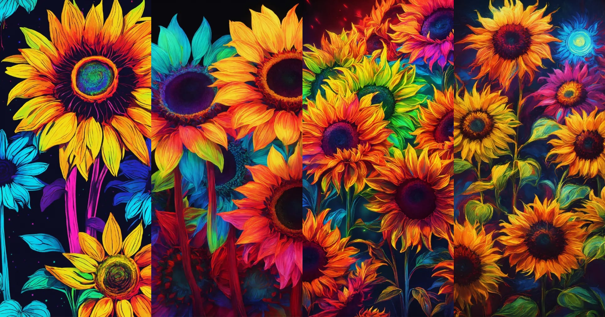 Lexica - Abstract multi colored neon sunflowers, glowing, bright