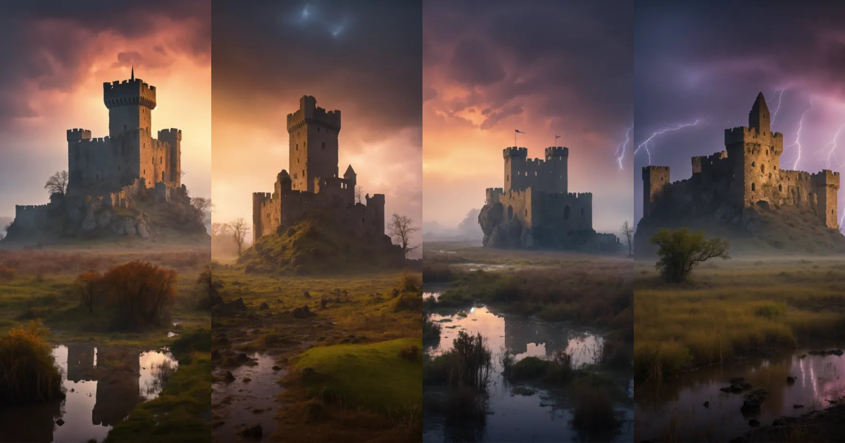 Lexica - Ruin of a stone castle in the middle of a foggy barren swamp ...