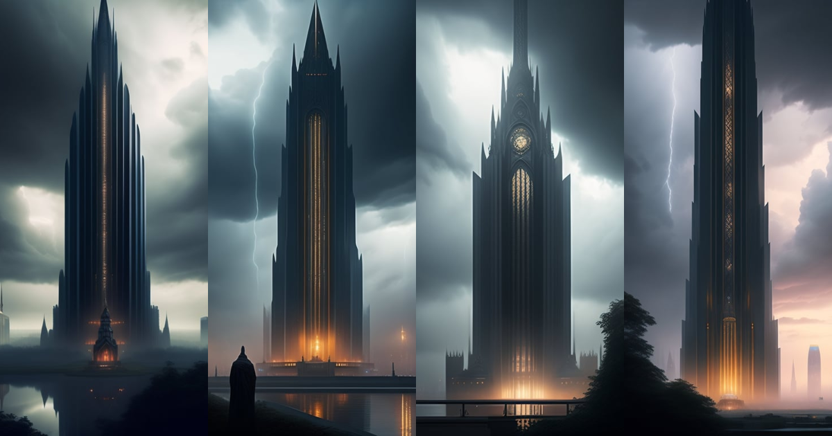 Lexica - A lonely and impossibly tall ominous gothic dark tower elevated high above the city, on ...