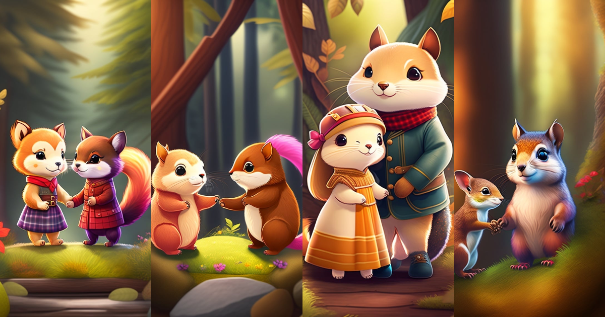 Lexica - An image of Ruby and Oliver, the lost squirrel, holding hands and embarking on their ...