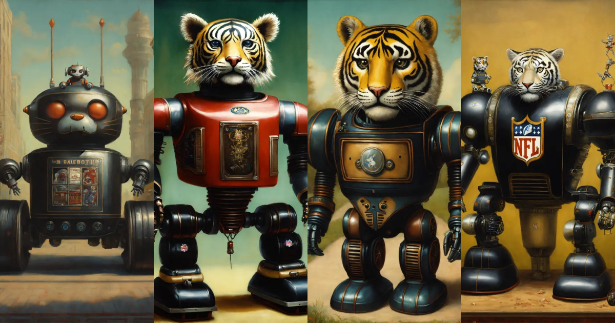 Lexica - A nfl player robot ride a robot black tiger, by Mark Ryden