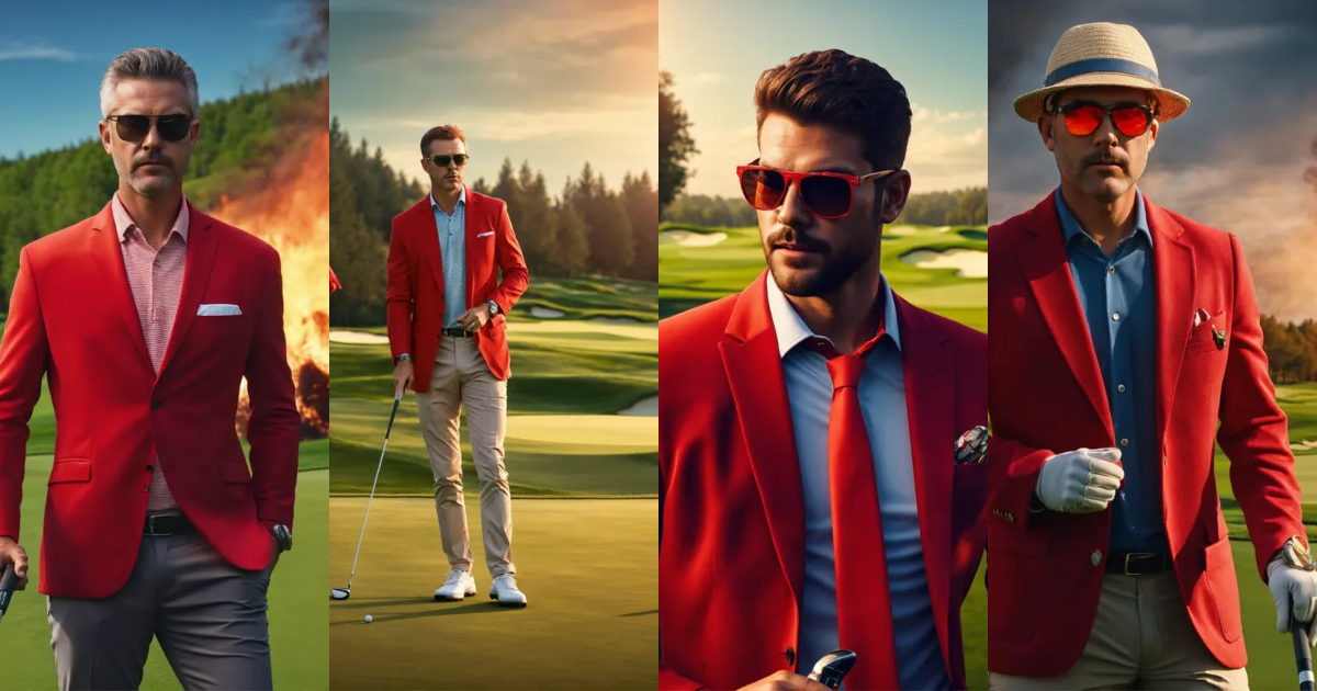 Lexica - 4k hd ultra realistic man red blazer, sunglasses. golf club on ...