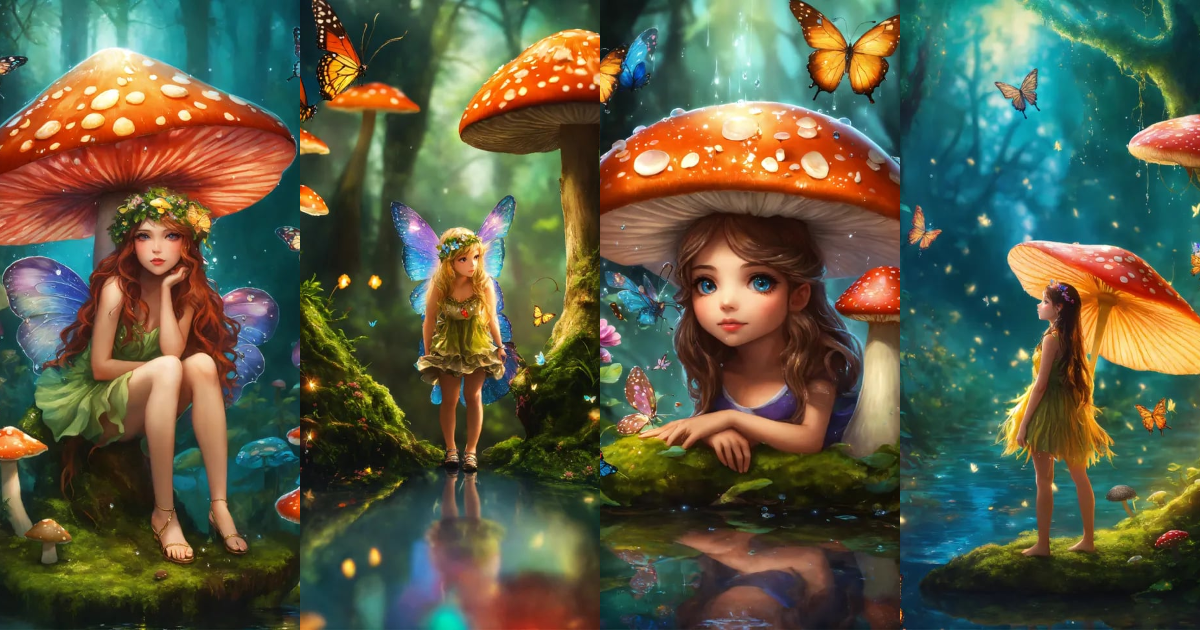 Lexica - A fairy in the enchanted forest gazes at her reflection in a raindrop, a vibrant ...