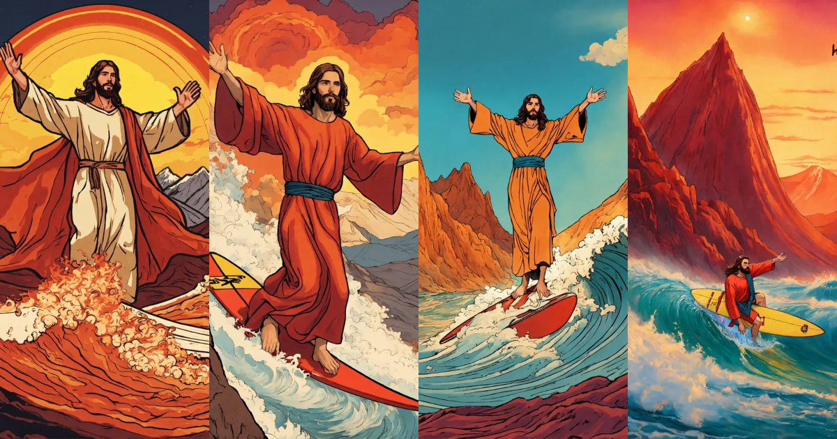 Lexica - Surfer Jesus surfing down Lone Peak mountain, on a wave of ...