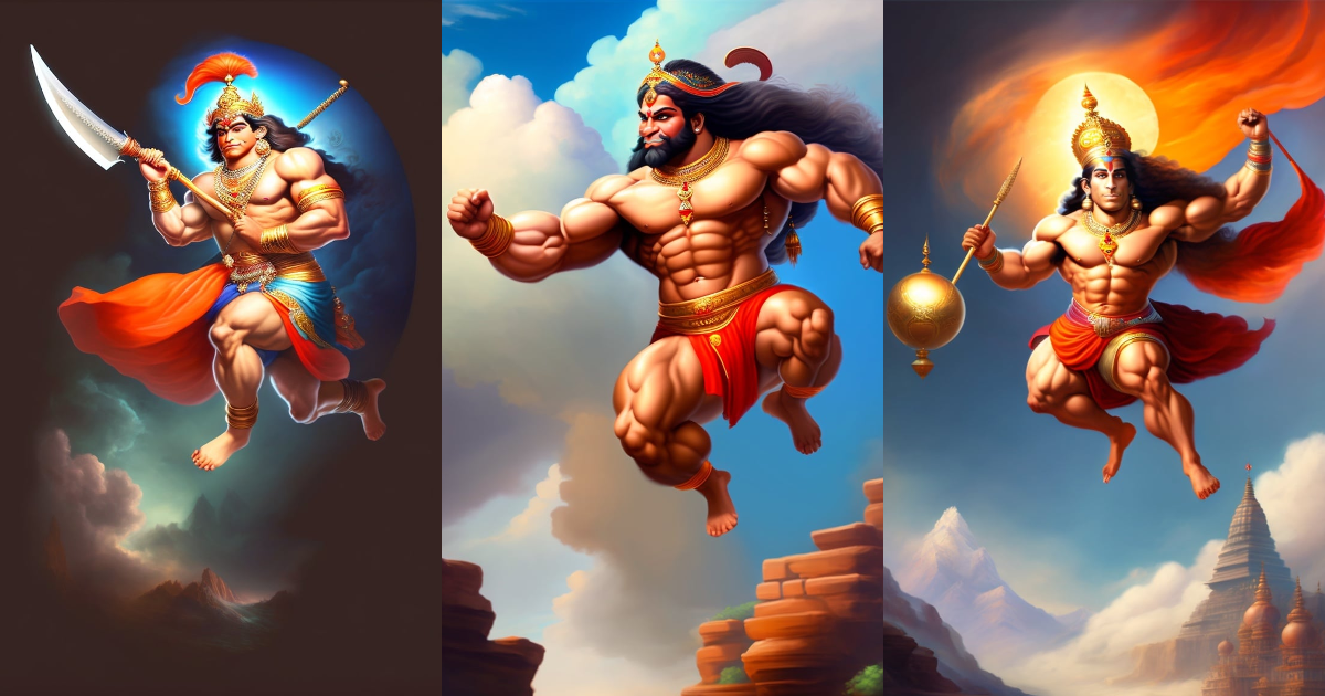 Lexica - Lord hanuman flying in the air, ultra hd, painting