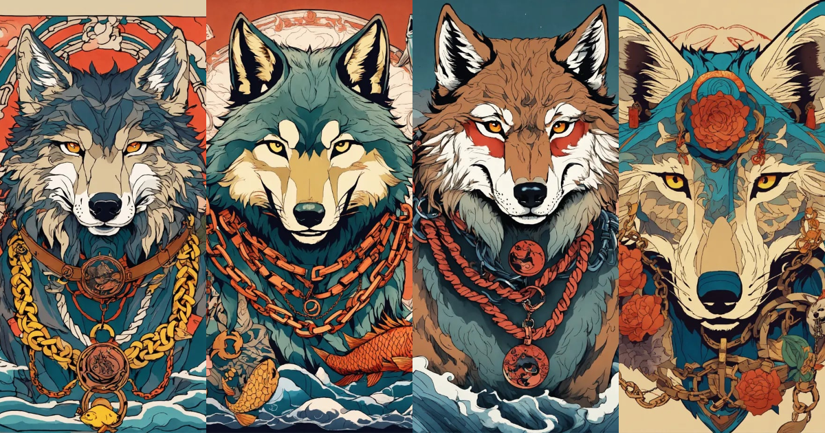 Lexica - There is a wolf with a chain around its neck and a fish tattoo ...