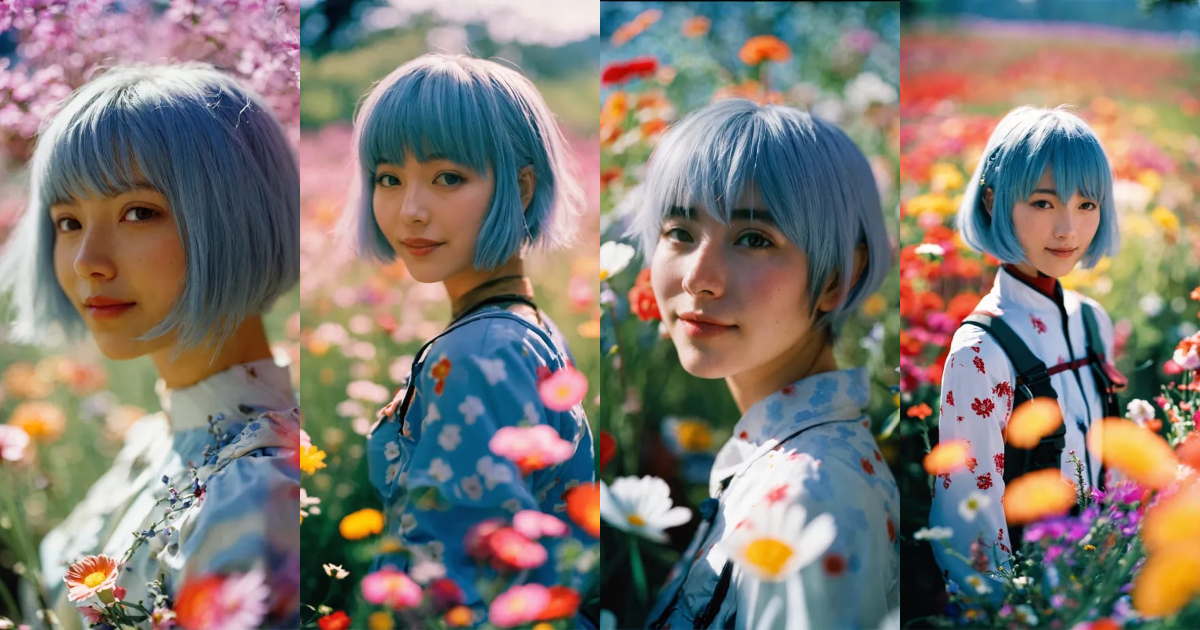 Lexica - Happy Rei Ayanami standing in a beautiful field of flowers ...