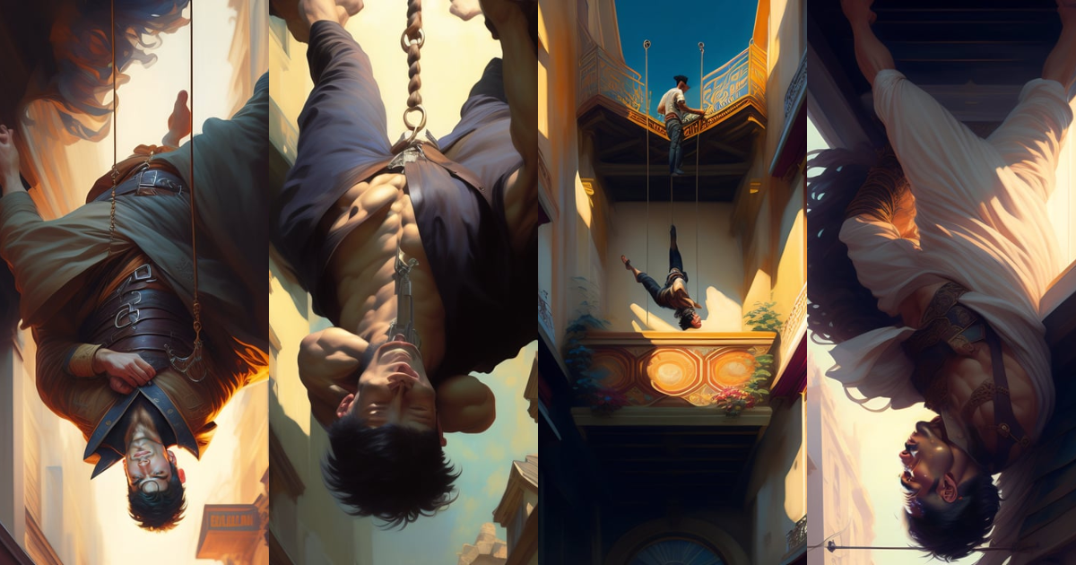 Lexica - A man hanging upside-down from the roof painted by tsuyoshi nagano, greg rutkowski ...