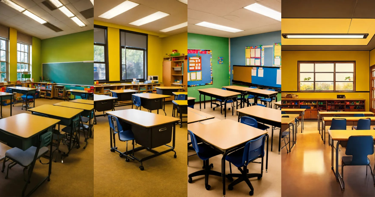 Lexica - A classroom with a teachers desk, and 5 student desk with 4 ...