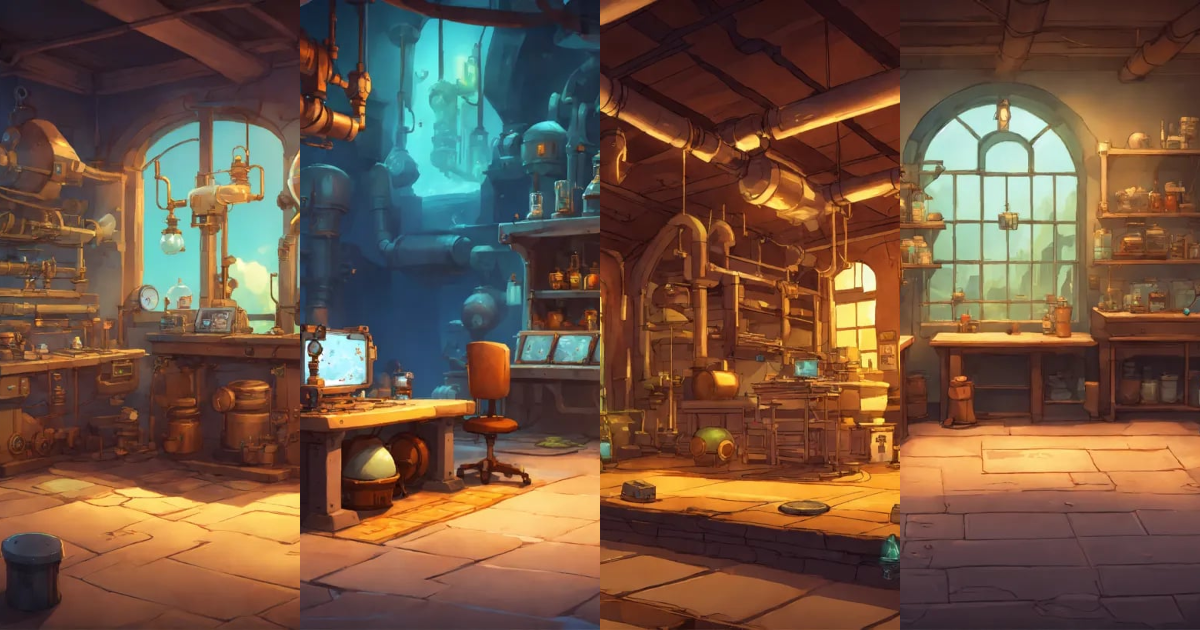 Lexica - Cartoon game environment, lab, mechanical, fantasy