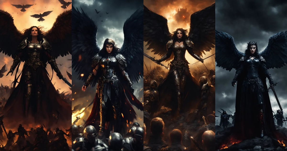 Lexica - Dark angel commanding an army of entranced humans, scary.