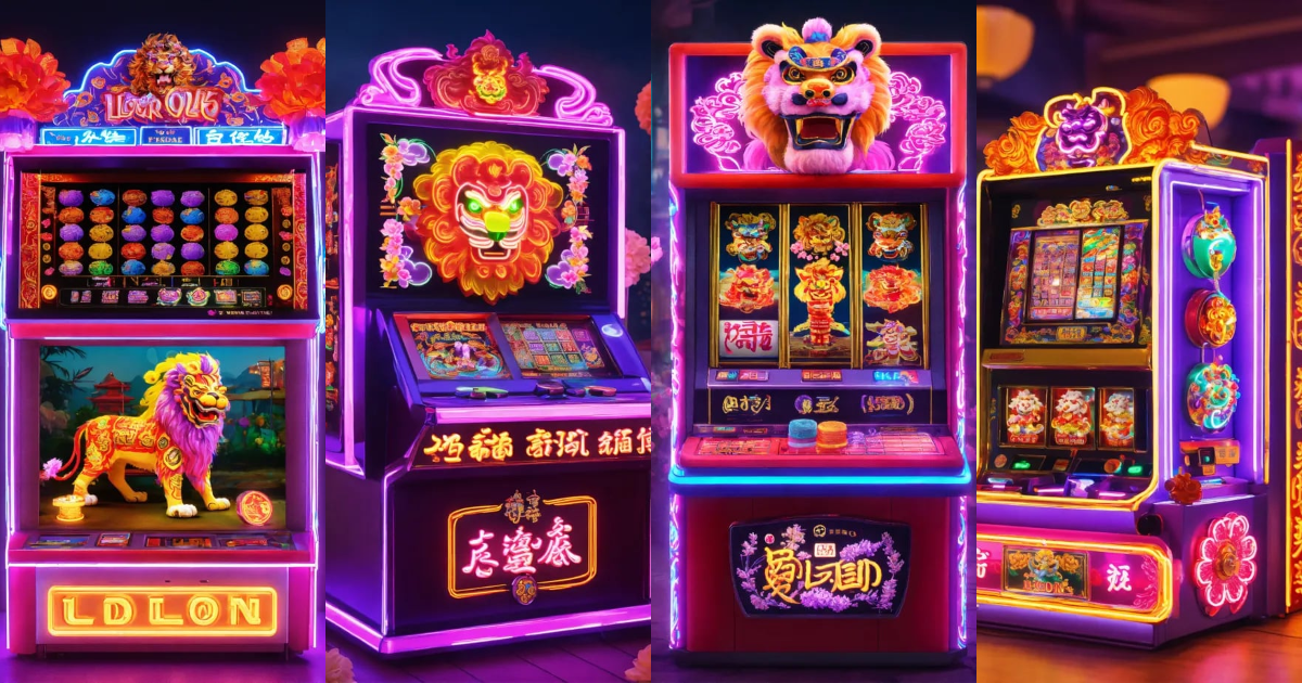 Lexica - 3D lion dance slot machine neon-filled with lavender
