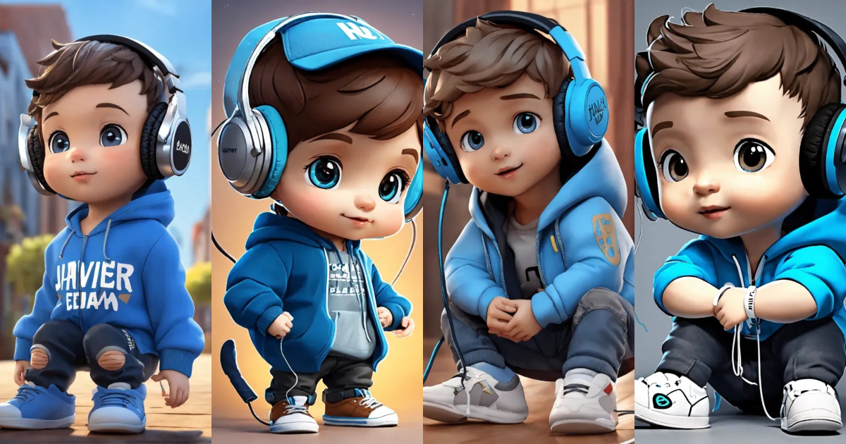 Lexica - Cute cartoon style of a baby boy with headphones, wearing an ...