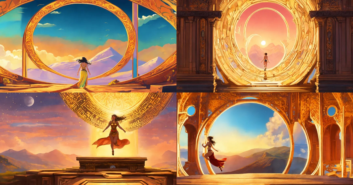 Lexica - Illustration of goddess jumping through portals, panoramic ...