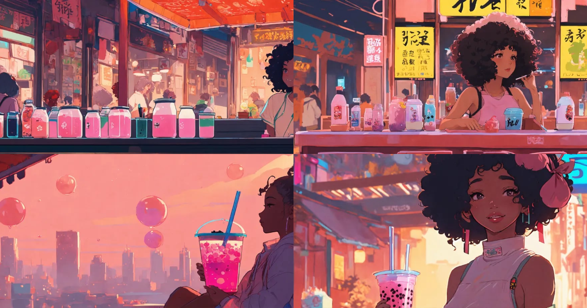 Lexica - Boba tea , bubble tea, cute girl, curly hair, cute waifu, afro ...