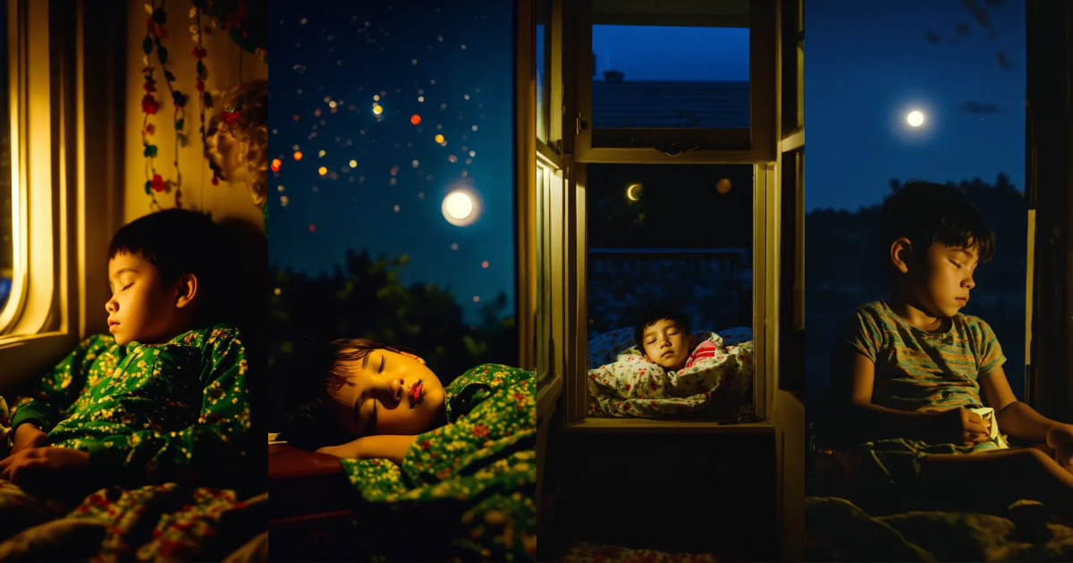 Lexica - A kid sleeping, moonlight ambiance throught the window, 35mm ...