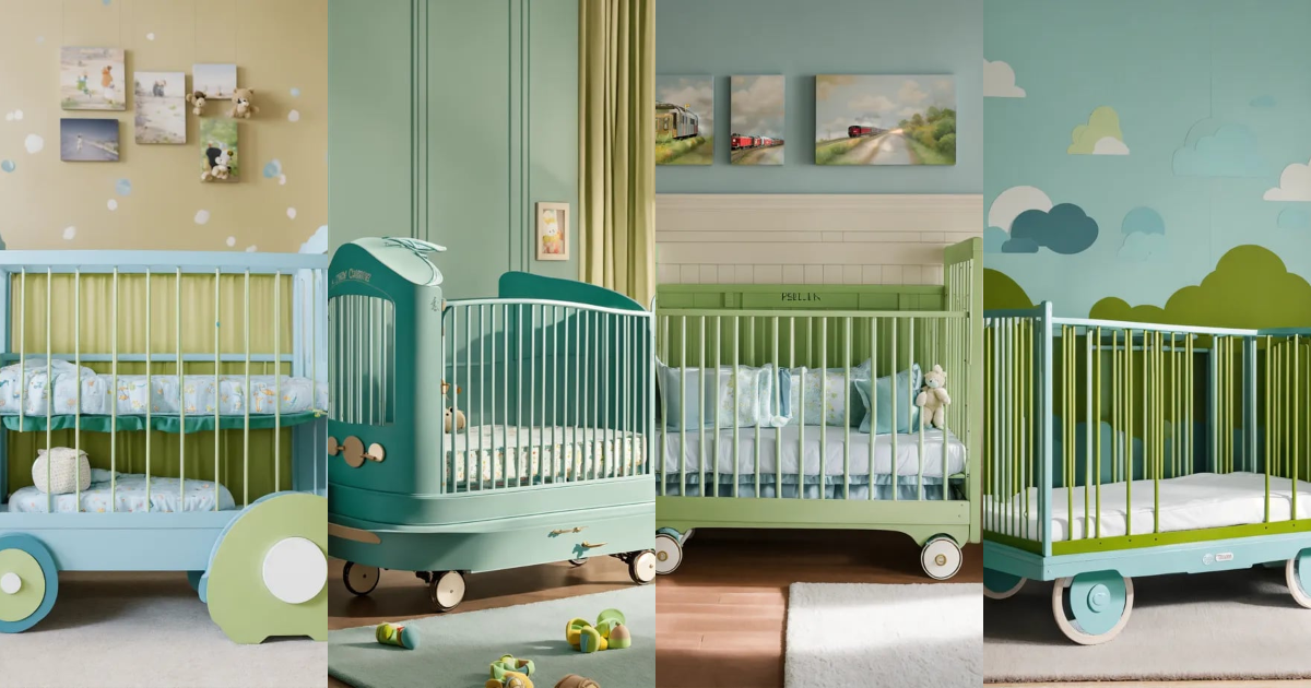 Lexica - Create a image of a train baby crib in the colors of baby blue ...