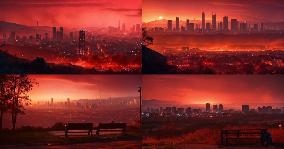 Lexica - A view of the destroyed Night City skyline in red haze at ...