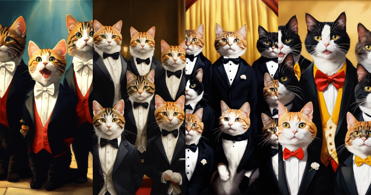 Lexica - Cute cats in tuxedos singing, cat chorus, realism, photorealism
