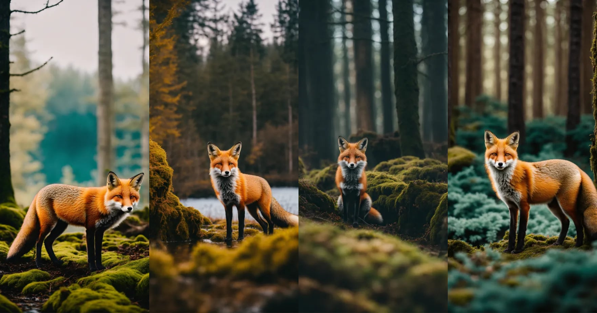 Lexica - Minimal, cinematic, a fox among the trees, forest lake, moss ...