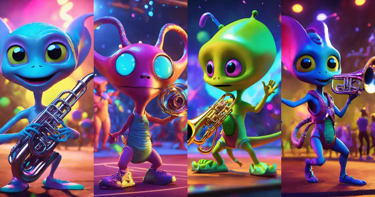 Lexica - Zoom out crazy alien cartoon character playing a horn at a ...