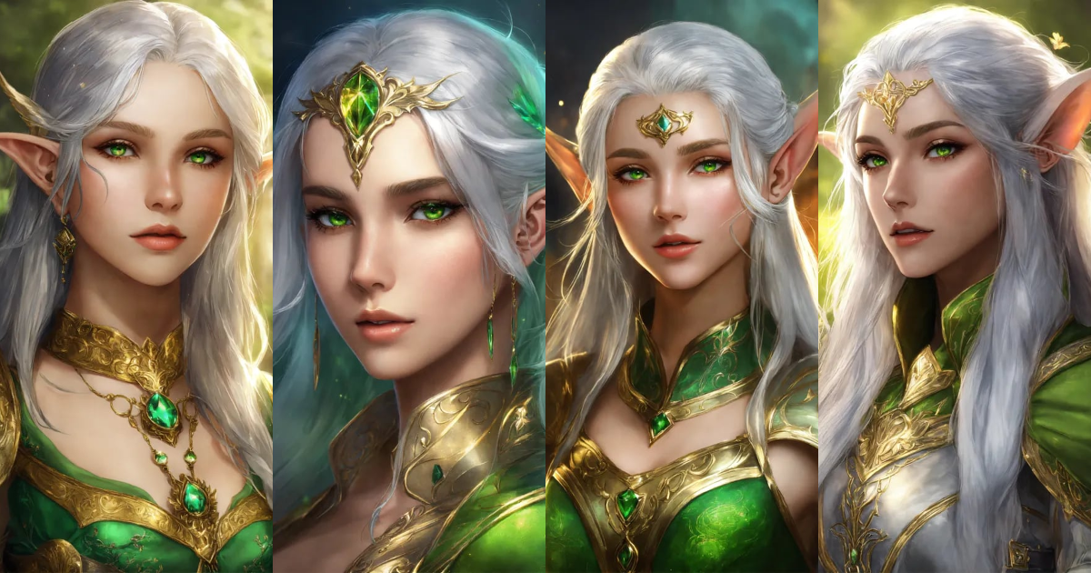 Lexica - Fantasy, siblings, elf, gold skin, green eyes, silver hair, 25 ...