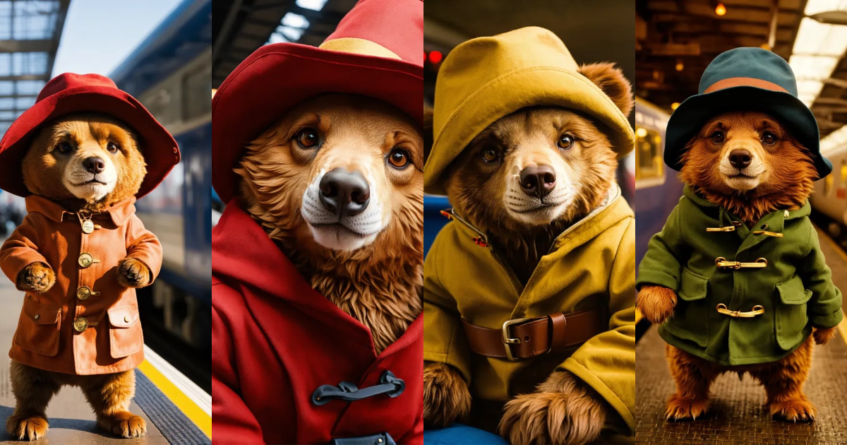 Lexica - Paddington doing angry stare. On train platform. Close up.