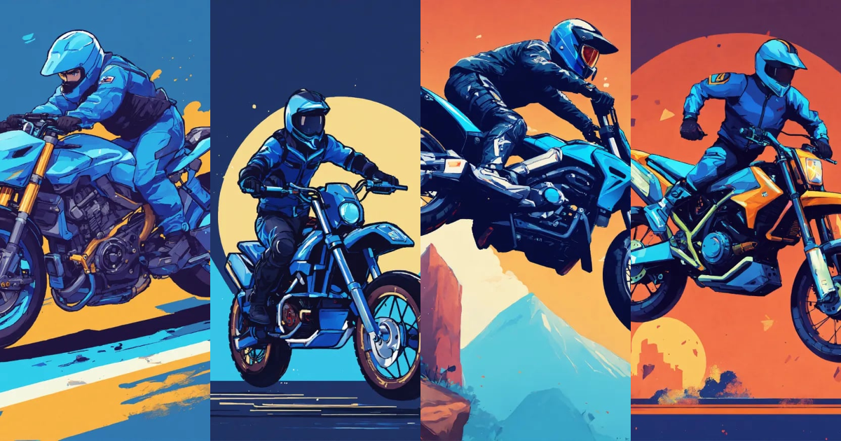Lexica - 2d game, heavy bike, jump stunt, guy riding,icon, blue background