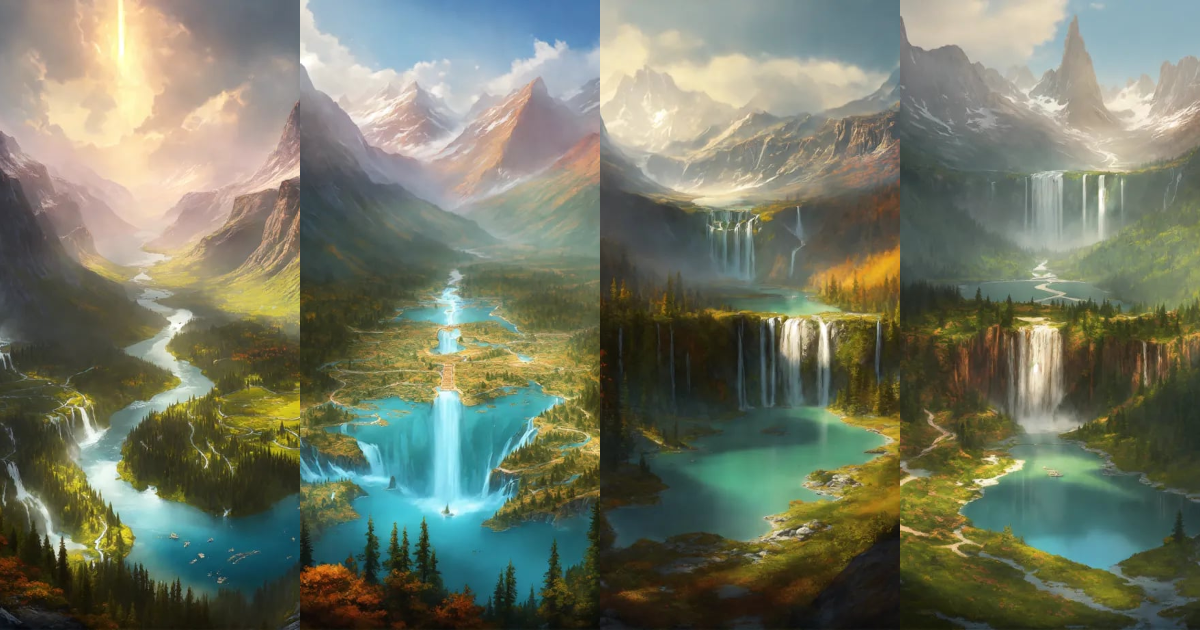 Lexica - Concept art of a huge lake basin connected to multiple ...