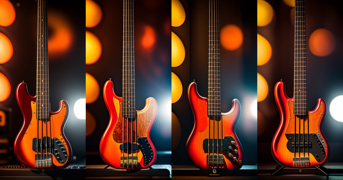 Lexica - A bass guitar in a stand, facing right, in front of an orange ...