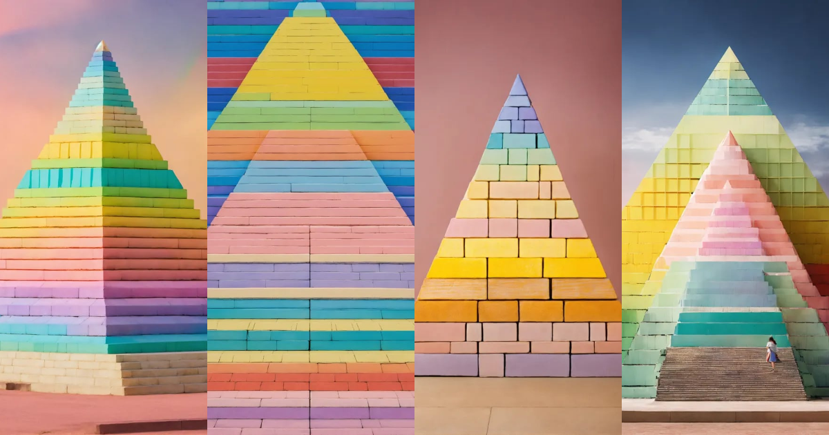 Lexica - Pyramid, split in 5 rows, each row with a rainbow pastel colors