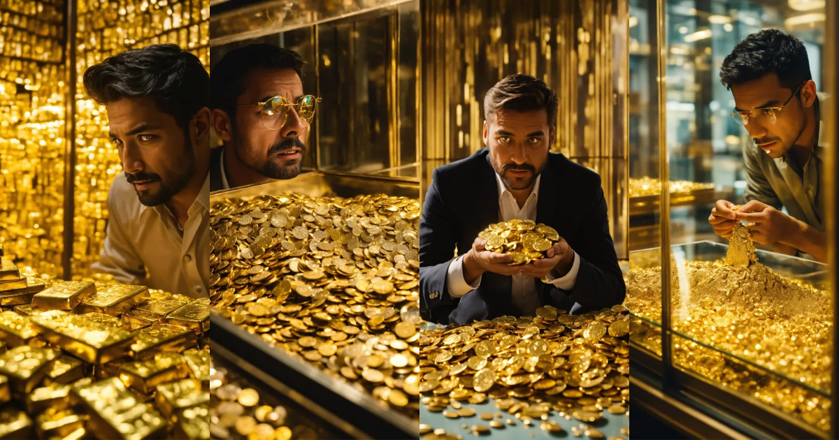 Lexica - A man seeing a pile of gold behind a layer of glass and ...