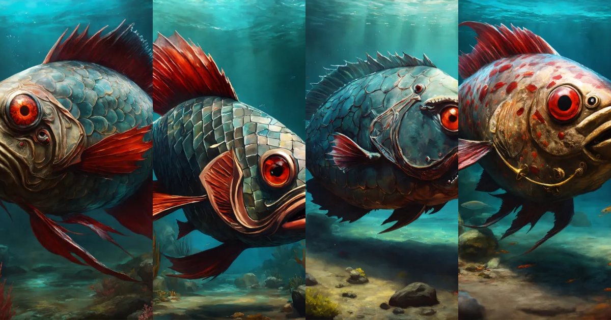 Lexica - Concept art of a big scary fish made out of rock with red eyes ...