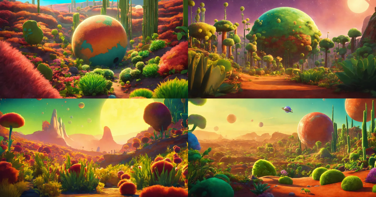 Lexica - A planet with furry plants, pixar art style, poster for cartoon
