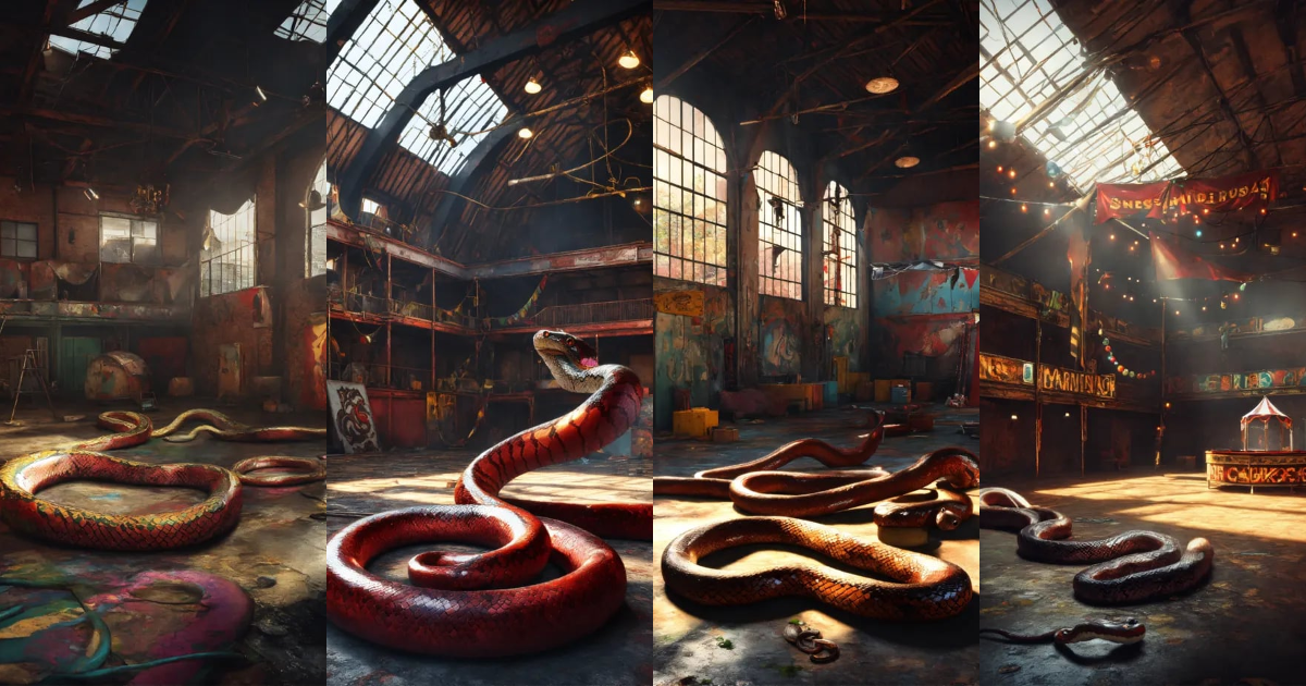 Lexica - An abandoned warehouse circus, snakes on the floor edgy art ...