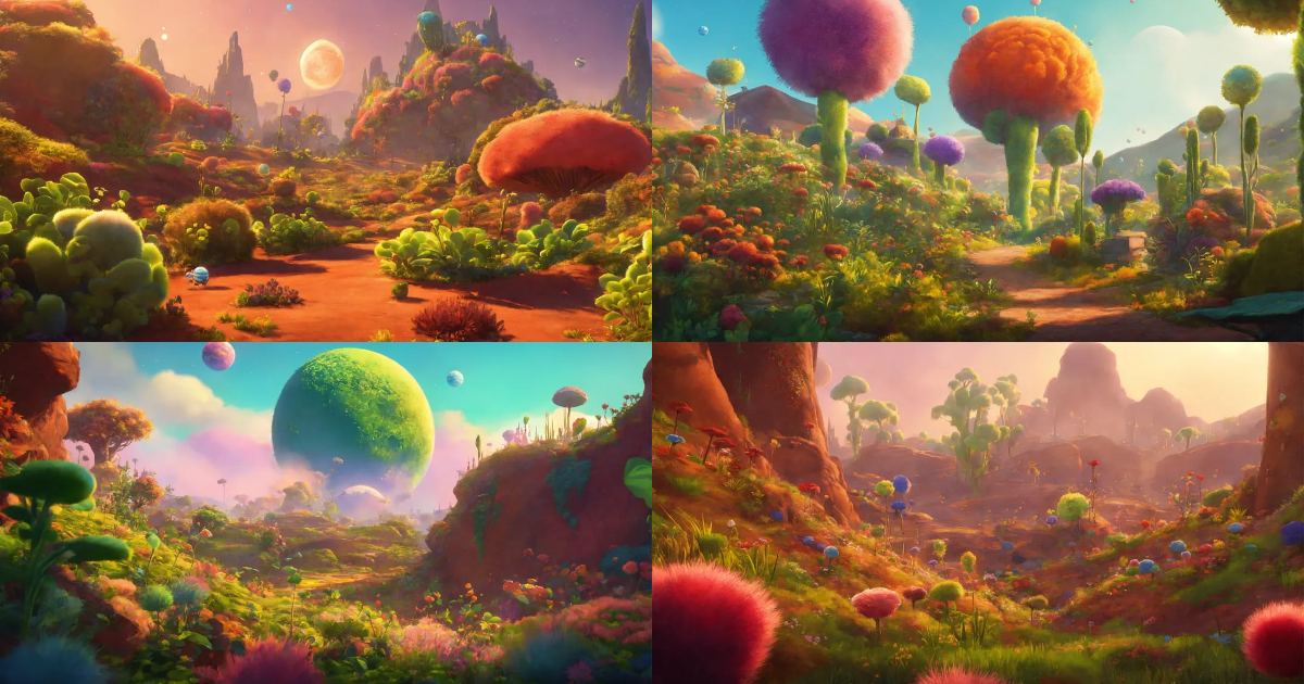 Lexica - A planet with furry plants, pixar art style
